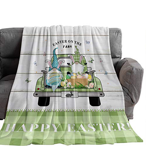 SUN-Shine Easter Blanket Luxury Fleece Throw Blankets, Green Plaid Truck with Dwarf and Egg Fuzzy Flannel Throws Super Soft Cozy Warm Blanket for Home Couch Sofa Bed Chair Wood Texture