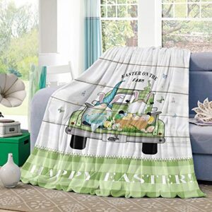 SUN-Shine Easter Blanket Luxury Fleece Throw Blankets, Green Plaid Truck with Dwarf and Egg Fuzzy Flannel Throws Super Soft Cozy Warm Blanket for Home Couch Sofa Bed Chair Wood Texture