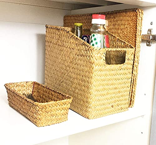 MISNINE Multifunction Basket Magzine Book Holder Basket,Handwoven Seagrass Rustic Home Décor (Small)