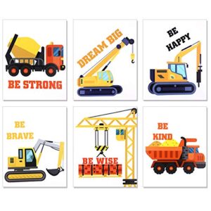 ootsr 6 pcs construction trucks wall art print, inspirational quote canvas print for boys game room decor, playroom, rec room poster, vehicle prints,(unframed, 20 x 25cm)