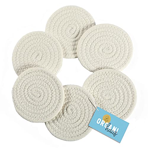 OrganiHaus Set of 6 White Farmhouse Coasters for Coffee Table | 4.3" Aethetic Boho Coasters for Drinks | Absorbent Coasters | Cute Coasters | Moisture Absorbing Coasters | Woven Fabric Cup Coasters