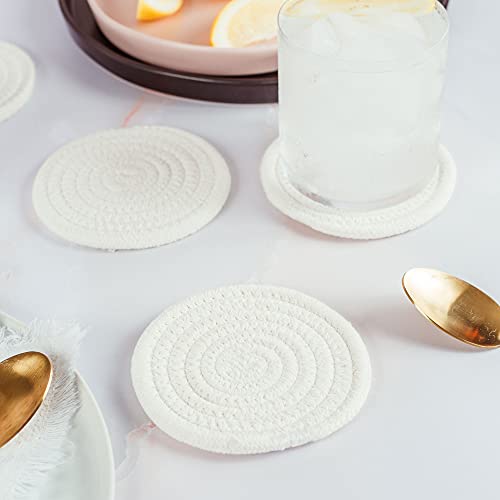 OrganiHaus Set of 6 White Farmhouse Coasters for Coffee Table | 4.3" Aethetic Boho Coasters for Drinks | Absorbent Coasters | Cute Coasters | Moisture Absorbing Coasters | Woven Fabric Cup Coasters