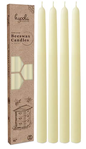 Hyoola 16" Beeswax Taper Candles - 16 Hour Burn Time - White Beeswax Candles - 4 Pack