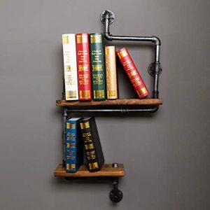 FOTEE Industrial Pipe Shelf Bracket, 2 Tiers Retro Wall Mounted Floating Shelf, Wood Look DIY Storage Shelving Bookshelf, Farmhouse Bathroom Shelving for Room/Kitchen/Office,Black