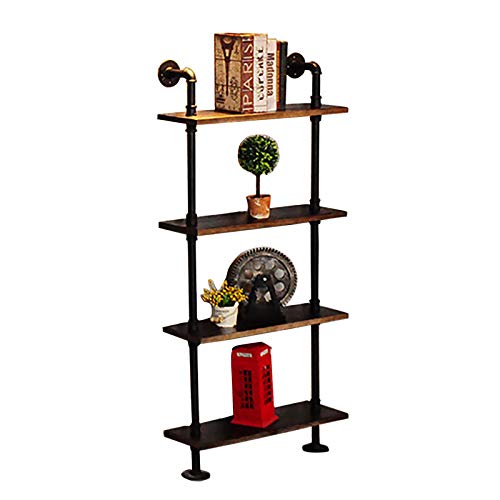 FOTEE Industrial Pipe Shelves with Wood 4-Tiers, Rustic Wall Mount Shelf, Metal Hung Bracket Bookshelf, DIY Storage Shelving Floating Shelves for Room/Kitchen/Office,Black