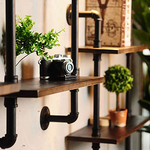 FOTEE Industrial Pipe Shelves with Wood 4-Tiers, Rustic Wall Mount Shelf, Metal Hung Bracket Bookshelf, DIY Storage Shelving Floating Shelves for Room/Kitchen/Office,Black