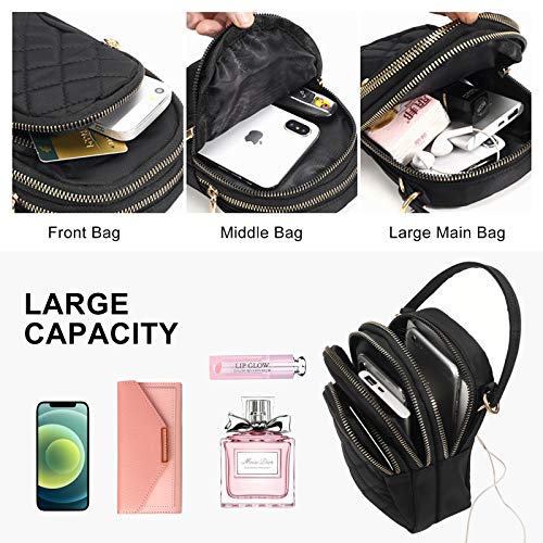 Small Multi Pocket Crossbody Phone Purse Black Women Quilted Crossbody Cell Phone Bag with Strap Shoulder Bag Iphone Handbag Cross Body Bag