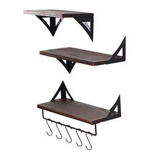 amur leopard floating shelves wall mounted, rustic wood wall shelves display shelf storage rack with towel bar & 5 hooks for bathroom kitchen bedroom set of 3( weathered grey/paulownia wood)