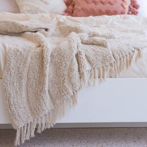 Banilla Bohemian Natural White Throw Blanket for Bed Couch & Dorm 50" x 60" | 100% Cotton Handmade Boho Throw Blankets | Stylish Soft & Cozy Rainbow Design with Shaggy Tufting & Tassels