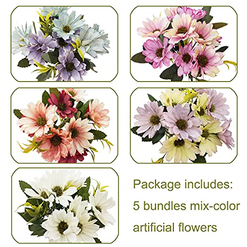 CORVYUC Silk Artificial Flowers 5 Pcs Fake Cosmos Faux Daisy Wildflowers for Indoor Outdoor Home Garden Porch Window Table Centerpieces Vase Wedding Party Decor