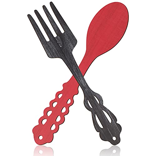 Jetec 2 Pieces Large Fork and Spoon Wall Decor Wooden Spoon Shaped Wall Sign Fork Shaped Hanging Sign Farmhouse Kitchen Wall Decors for Home Kitchen Dining Living Room Decor (Red, Heather Gray)