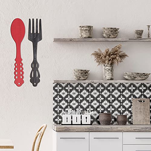 Jetec 2 Pieces Large Fork and Spoon Wall Decor Wooden Spoon Shaped Wall Sign Fork Shaped Hanging Sign Farmhouse Kitchen Wall Decors for Home Kitchen Dining Living Room Decor (Red, Heather Gray)