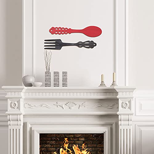 Jetec 2 Pieces Large Fork and Spoon Wall Decor Wooden Spoon Shaped Wall Sign Fork Shaped Hanging Sign Farmhouse Kitchen Wall Decors for Home Kitchen Dining Living Room Decor (Red, Heather Gray)