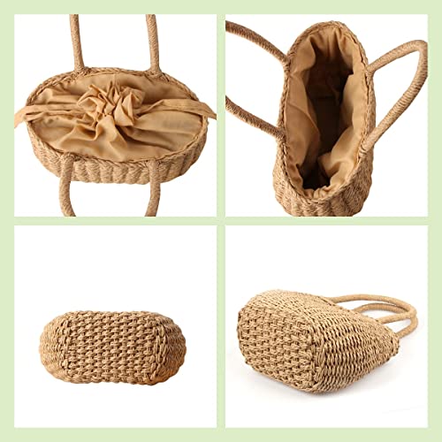 Gets Straw Bags for Women Hand-woven Small Hobo Bag Round Handle Ring Tote (Camel)