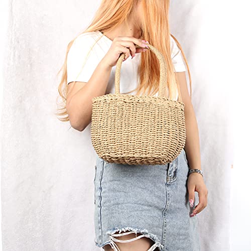 Gets Straw Bags for Women Hand-woven Small Hobo Bag Round Handle Ring Tote (Camel)