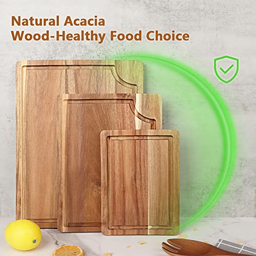 Acacia Wood Cutting Board Set with Juice Groove (3 Pieces) - Meat, Chesse,Vegetable Chopping Board, Organic Wooden Butcher Block for kitchen, Wood Cutting Board Set