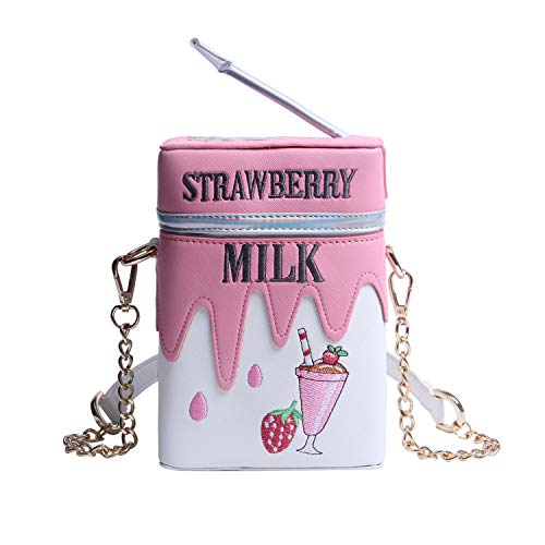 SUKUTU Girls Cute Strawberry Milk Box Stylish Cross Body Purse Women PU Phone Wallet Shoulder Handbag with Straw Decoration