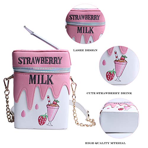 SUKUTU Girls Cute Strawberry Milk Box Stylish Cross Body Purse Women PU Phone Wallet Shoulder Handbag with Straw Decoration