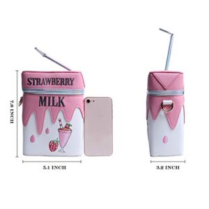 SUKUTU Girls Cute Strawberry Milk Box Stylish Cross Body Purse Women PU Phone Wallet Shoulder Handbag with Straw Decoration