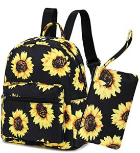 ledaou mini backpack set girls fashion bookbags with purse wallet backpack wallet set for women teens school travel bag (black sunflower)