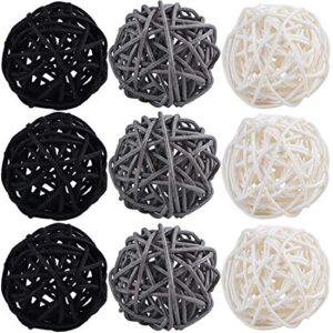 stmk 9 pcs 3 inch wicker balls decorations, rattan balls decorative for home decor diy vase bowl filler ornament baby room nursery décor wedding table decoration (black, grey, white)