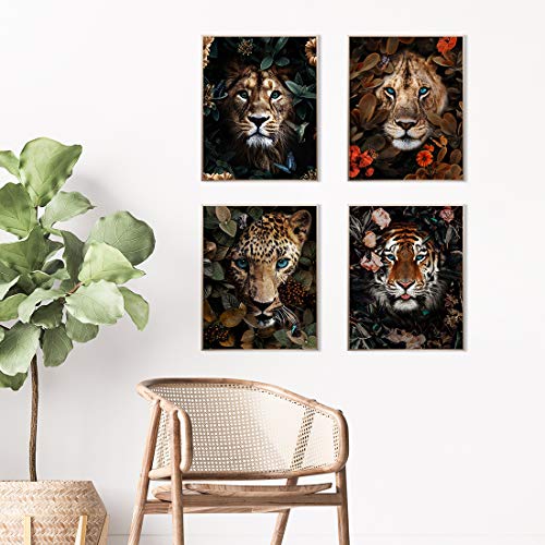 AllBlue Jungle Safari Animal Wall Art Prints Poster Lion Tiger Leopard Animal Wall Decor Set of 4 Animal Wall Pictures for Living Room Home Decor (8"x10" Unframed)