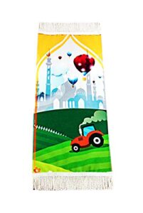 muslim prayer rug for kids | digital printed unique design sajadah | soft islamic prayer rug | perfect islamic ramadan gifts for kids | kid size prayer carpet, salah mat, design: mosque & tractor