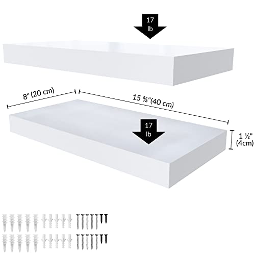 Ballucci Floating Shelves Set Extra Wide, 2-Pack 16" L Wood Wall Mounted Ledges with Invisible Brackets for Living Room, Bedroom, Bathroom, Kitchen, Nursery, 8" Deep - White