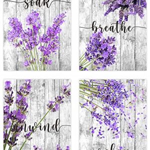 Purple Bathroom Decor Wall Art Set of 4(8" x 10"Canvas Wall Art Relax Soak Unwind Breathe Purple Blend Bathroom Flower Prints For Washroom Toilet Decor (Unframed)