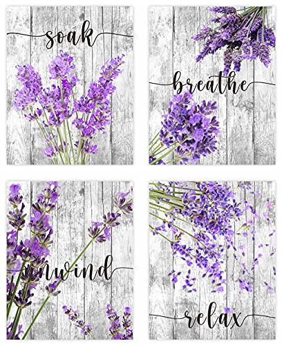 Purple Bathroom Decor Wall Art Set of 4(8" x 10"Canvas Wall Art Relax Soak Unwind Breathe Purple Blend Bathroom Flower Prints For Washroom Toilet Decor (Unframed)