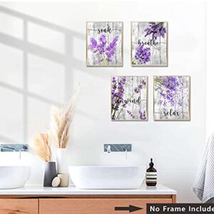 Purple Bathroom Decor Wall Art Set of 4(8" x 10"Canvas Wall Art Relax Soak Unwind Breathe Purple Blend Bathroom Flower Prints For Washroom Toilet Decor (Unframed)