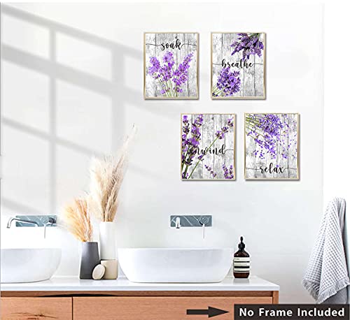 Purple Bathroom Decor Wall Art Set of 4(8" x 10"Canvas Wall Art Relax Soak Unwind Breathe Purple Blend Bathroom Flower Prints For Washroom Toilet Decor (Unframed)