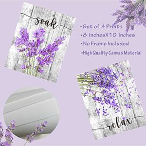 Purple Bathroom Decor Wall Art Set of 4(8" x 10"Canvas Wall Art Relax Soak Unwind Breathe Purple Blend Bathroom Flower Prints For Washroom Toilet Decor (Unframed)