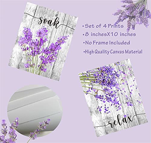 Purple Bathroom Decor Wall Art Set of 4(8" x 10"Canvas Wall Art Relax Soak Unwind Breathe Purple Blend Bathroom Flower Prints For Washroom Toilet Decor (Unframed)