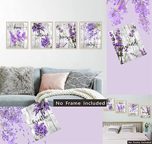 Purple Bathroom Decor Wall Art Set of 4(8" x 10"Canvas Wall Art Relax Soak Unwind Breathe Purple Blend Bathroom Flower Prints For Washroom Toilet Decor (Unframed)