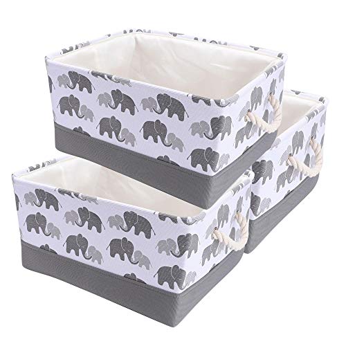 uxcell Storage Basket Bin Set 3 Pack, Fabric Storage Basket Foldable Bins with Elephant Pattern, Collapsible Organizer with Drawstring Cover for Home Bedroom Office Closet