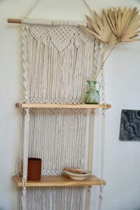 van & company 3 tier handmade macrame wall hanging shelf includes 3 1.5cm polished wooden shelves, decorative hand made roped boho shelving for plants etc