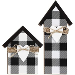 jetec 2 pieces buffalo plaid decor wooden house shaped block sign, farmhouse buffalo plaid home sign tiered tray decor for christmas living room window shelf desk office