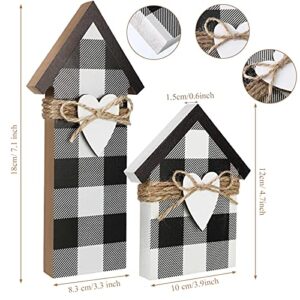 Jetec 2 Pieces Buffalo Plaid Decor Wooden House Shaped Block Sign, Farmhouse Buffalo Plaid Home Sign Tiered Tray Decor for Christmas Living Room Window Shelf Desk Office