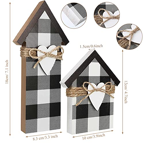 Jetec 2 Pieces Buffalo Plaid Decor Wooden House Shaped Block Sign, Farmhouse Buffalo Plaid Home Sign Tiered Tray Decor for Christmas Living Room Window Shelf Desk Office