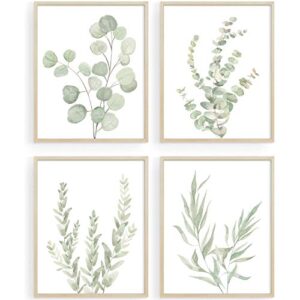 howwii botanical boho bathroom decor wall art prints, unframed sage green plants decor for bedroom|office, minimalist eucalyptus leaves watercolor art prints, set of 4 pictures, 8″x10″ no frames