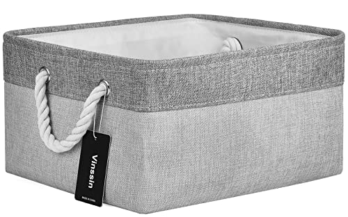 Large Canvas Grey basket, Foldable Fabric Storage Basket, Decorative Linen Closet Organizers, Storage Bins with Handles for Cupboards, Wardrobe, Shelves, Bathroom, Clothes, Toys, Towel (Light Grey/ Grey 1 pack)