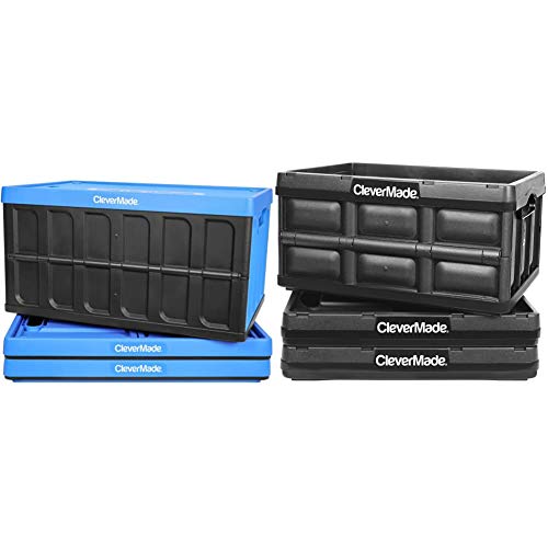 CleverMade - 8034119-21843PK 62L Collapsible Storage Bins with Lids, 3 Pack, Neptune Blue & 32L Collapsible Storage Bins - Durable Plastic Folding Utility Crates, Black, 3 Pack