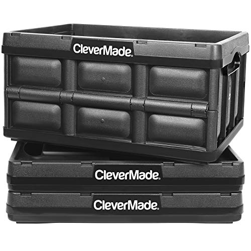 CleverMade - 8034119-21843PK 62L Collapsible Storage Bins with Lids, 3 Pack, Neptune Blue & 32L Collapsible Storage Bins - Durable Plastic Folding Utility Crates, Black, 3 Pack