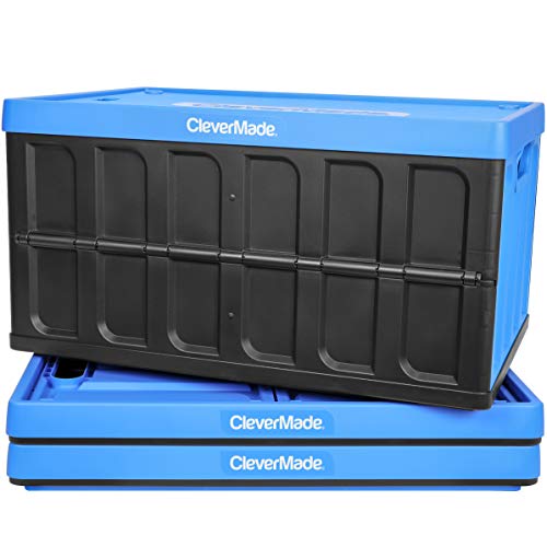 CleverMade - 8034119-21843PK 62L Collapsible Storage Bins with Lids, 3 Pack, Neptune Blue & 32L Collapsible Storage Bins - Durable Plastic Folding Utility Crates, Black, 3 Pack