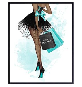 light blue fashion designer wall art – black woman, african american women, teens, girls bedroom – high fashion design wall decor – glam gifts for latina, african american woman – black culture