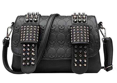 RainboSee Women Punk Skull Shoulder Top-Handle Bag Rivet Purse Handbag Chain Satchel Tote Black