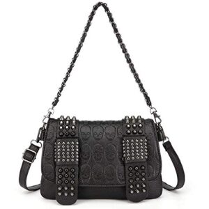 RainboSee Women Punk Skull Shoulder Top-Handle Bag Rivet Purse Handbag Chain Satchel Tote Black