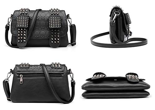 RainboSee Women Punk Skull Shoulder Top-Handle Bag Rivet Purse Handbag Chain Satchel Tote Black