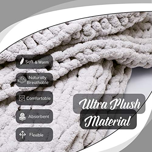 Chunky Knit Blanket Ultra Plush Throw Blanket for Couch or Bedroom Decor 60x80 - Bulky, Lightweight & Large Size, Grey Soft Blanket Breathable & Moisture Wicking (Grey Chenille-Extra Large Blanket)